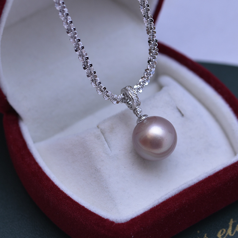 淡水13-14mm白色正圆强光细微瑕大珍珠吊坠S925银色万能扣星光链-阿里巴巴