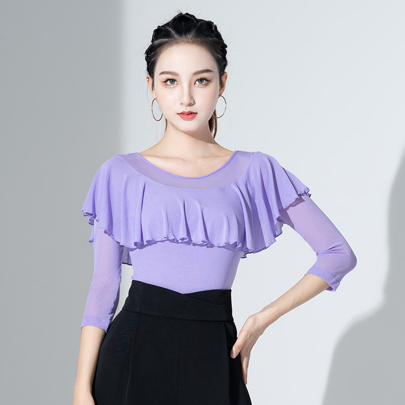 Latin Ballroom Dance Tops for Women Girls female round collar gauze ...