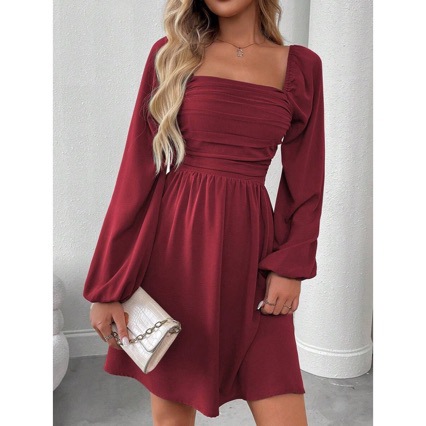 I 21736 速卖通新款外贸跨境女款方领长袖褶皱简约休闲短款-阿里巴巴