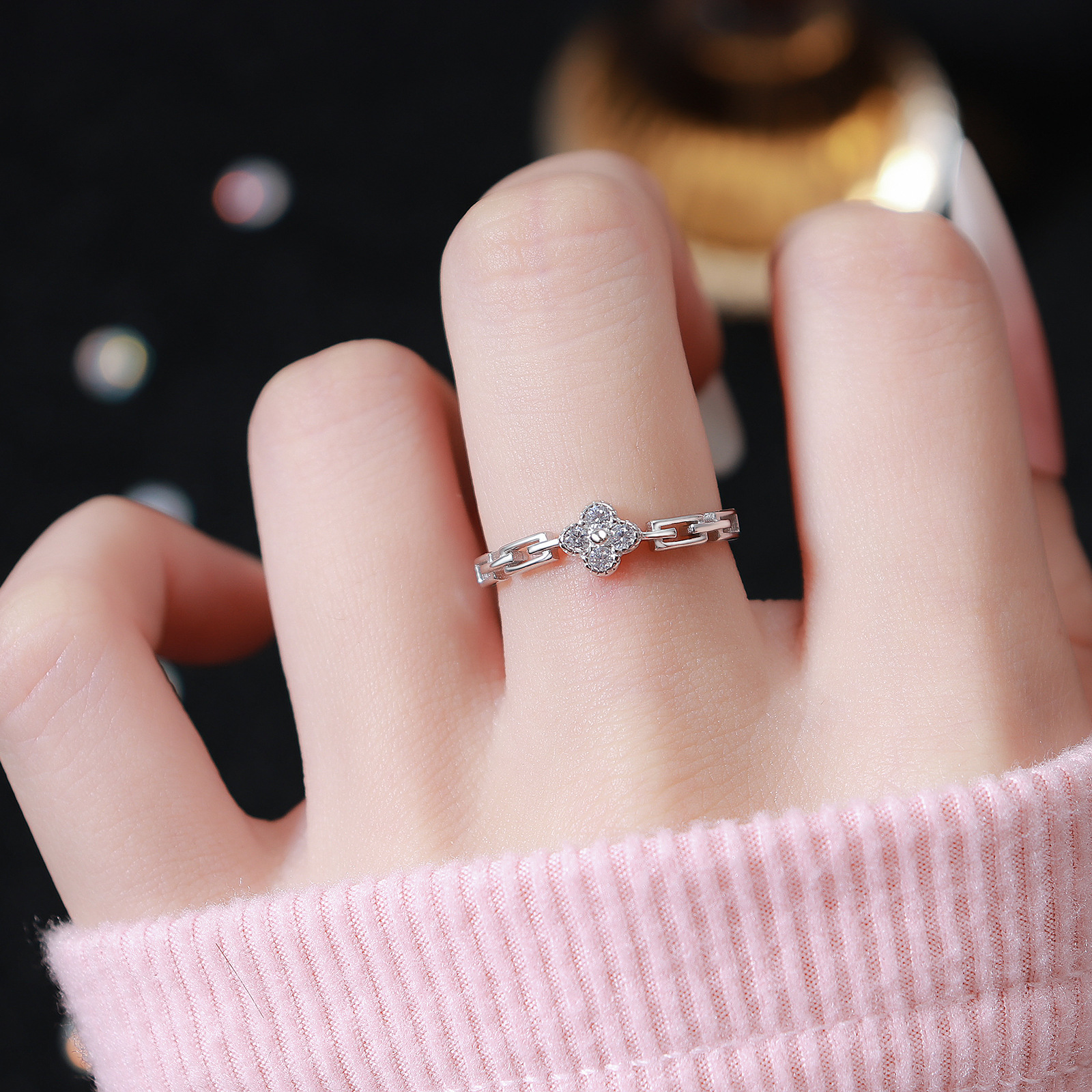 S999纯银足银戒指女ins小众轻奢高级感四叶草链条食指开口可调节-阿里巴巴