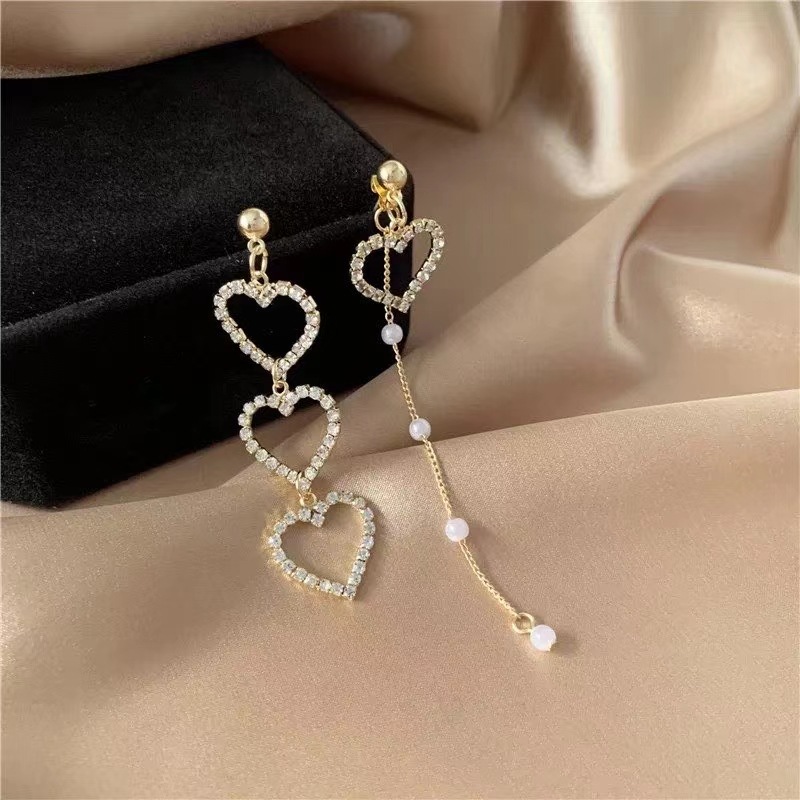 韩风chic少女爱心钻珍珠流苏不对称耳环可爱百搭桃心形耳夹耳饰-阿里巴巴