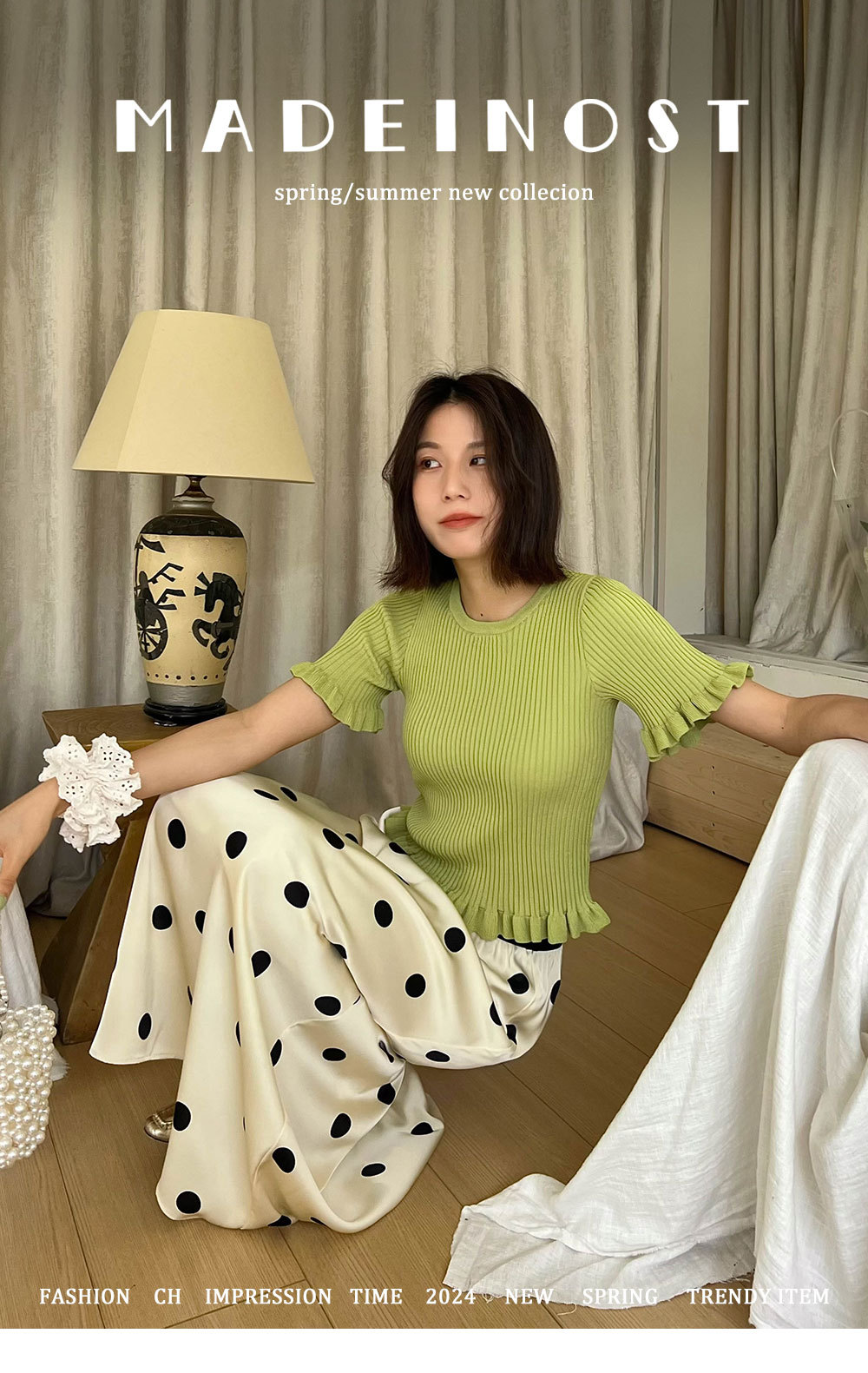 MADEINOST2024春夏新款复古风大波点缎面松紧腰半身裙女宽松长裙-阿里巴巴