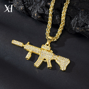 欧美跨境新品合金满钻M4机枪吊坠长款项链饰品男女士嘻哈潮牌配饰-阿里巴巴