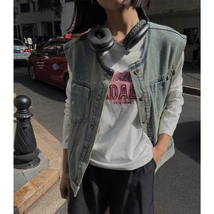 GNY十三行2023秋新款美式复古洗水做旧百搭显瘦无袖牛仔马甲8178W-阿里巴巴