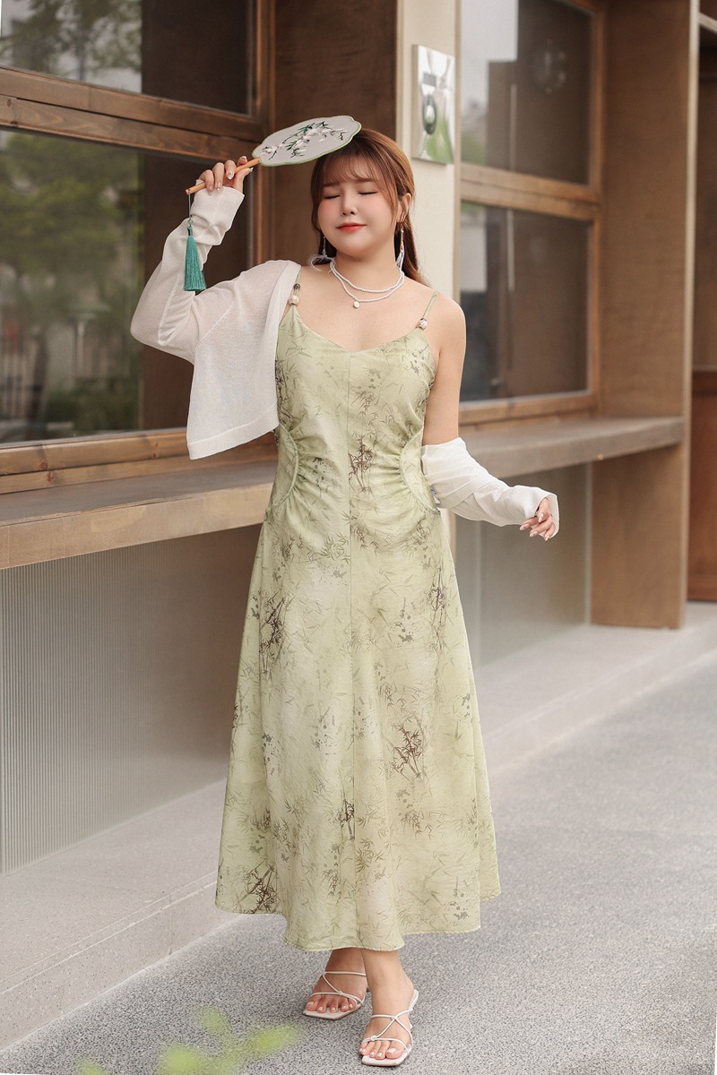润其N8657翠竹禅意新中式V领串珠吊带裙批发 大码国风吊带连衣裙-阿里巴巴