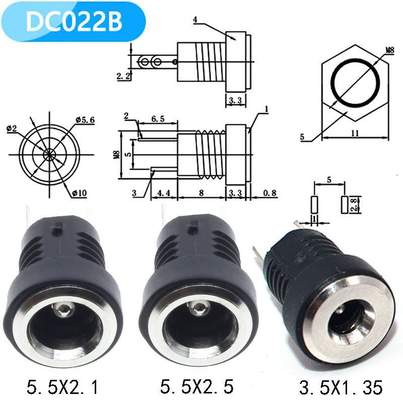 DC022B DC电源插座 5.5*2.1/2.5MM 圆孔带螺母 2脚焊线DC母座直流-阿里巴巴