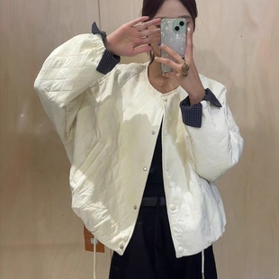 韩版时尚百搭宽松显瘦菱形格棉服外套女2025秋季新款休闲拼格上衣-阿里巴巴