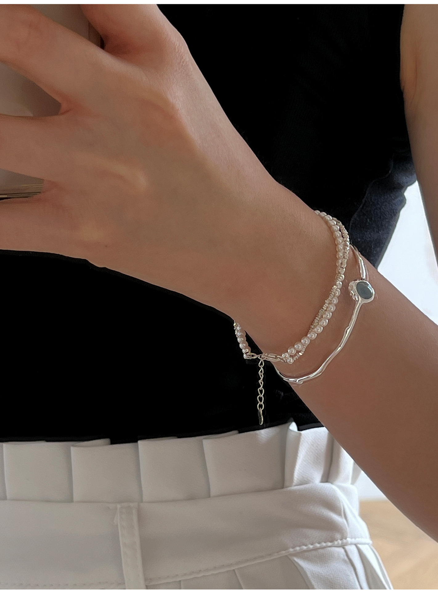 甜酷双层碎银珍珠手链女法式复古气质S925手环小众设计手饰项链潮-阿里巴巴