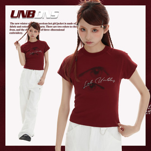 UNBDNS 美式甜酷辣妹短袖T恤女夏季百搭修身小众设计显瘦短款上衣-阿里巴巴