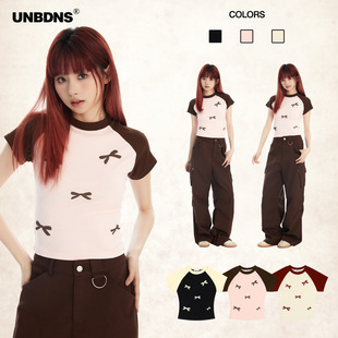 UNBDNS 多巴胺插肩短袖T女夏季新款chic甜辣妹蝴蝶结短款修身上衣-阿里巴巴