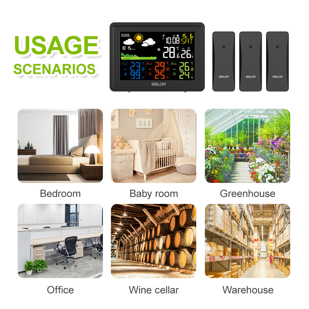 BALDR彩屏一拖三负显气象站VA屏无线室内外数显温湿度计天气预报-阿里巴巴