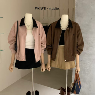 清仓不退换美式复古撞色拼接麂皮绒翻领宽松休闲夹克短外套W2797-阿里巴巴