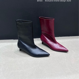 2024秋冬新款酒红色小细猫跟中跟短靴高筒靴不过膝长靴小众时装靴-阿里巴巴