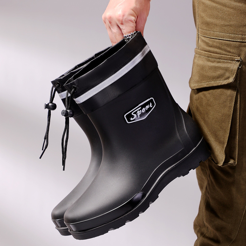Trendy Short Barrel Shaped Rain Boots Black Night Reflective Strip ...