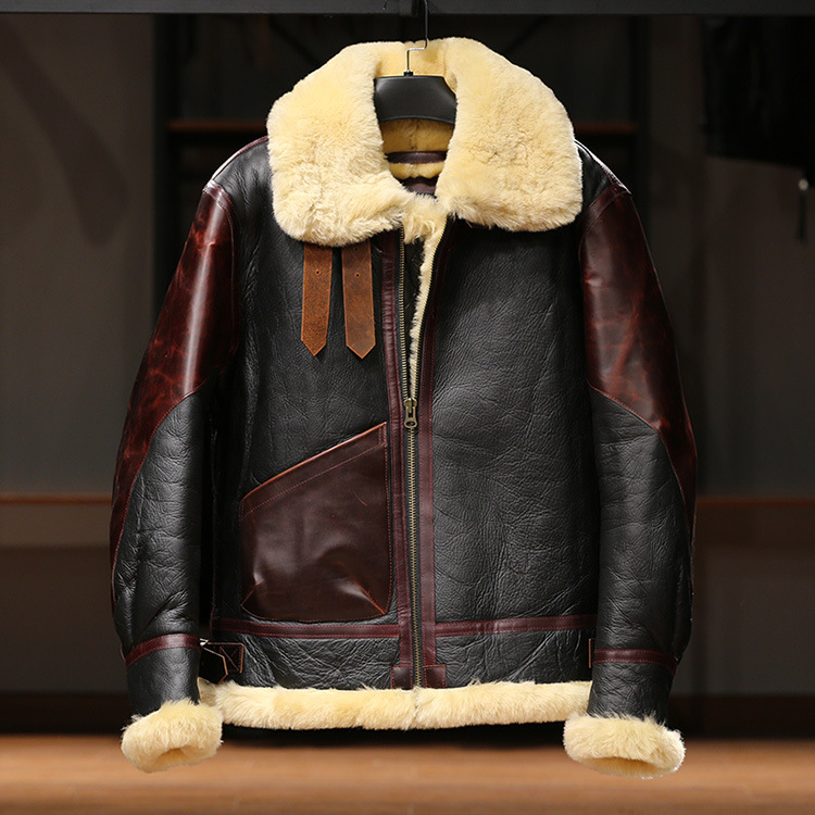 AVFLY巴顿将军B3皮毛一体飞行服夹克 男单边兜真皮皮衣皮草-阿里巴巴