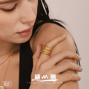 谜丽简约长方形戒指欧美ins时尚小众百搭手饰不锈钢镀18K真金指环-阿里巴巴