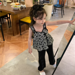 女童套装夏季韩版新款洋气时尚木耳花边背心九分格子阔腿裤两件套-阿里巴巴