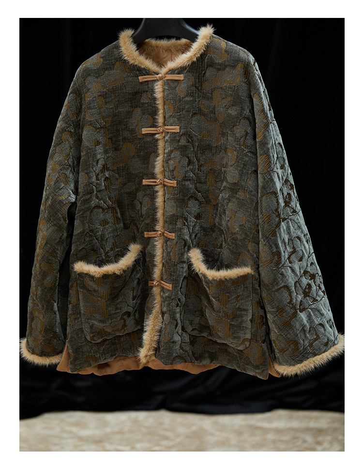 新中式棉服 正反两穿仿貂毛拼接 复古提花短款大口袋外套女B1202-阿里巴巴