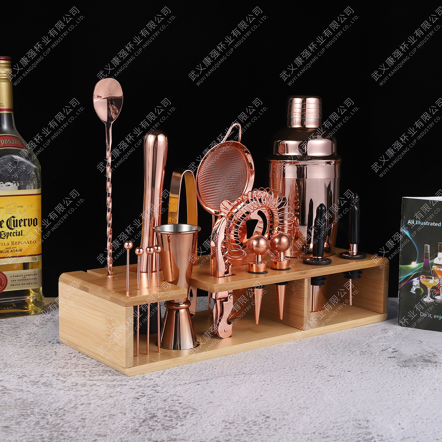 不锈钢调酒器套装 酒吧夜店奶茶店用全套专业调酒套装带竹架底座-阿里巴巴