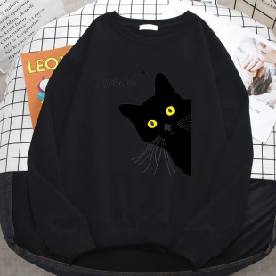 Winter Harajuku Woman Sweatshirt Meow Black Cat Printing Hoo-阿里巴巴