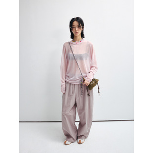 [识时]新品丝麻通透清爽叠穿罩衫长袖套头圆领针织衫上衣女V8603-阿里巴巴