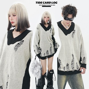 TIDE CARD LOG|拼色钩花镂空破洞街潮复古宽松圆领毛衣情侣针织衫-阿里巴巴