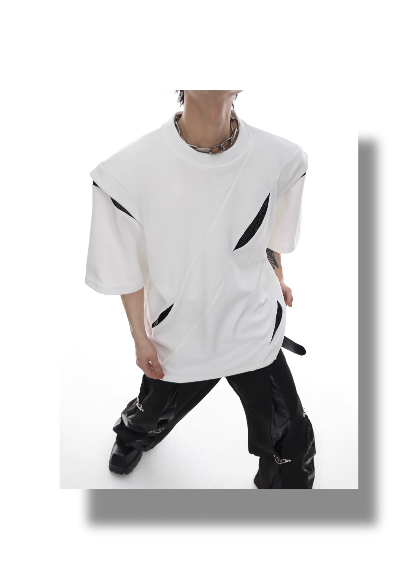 夏季小众解构分割垫肩短袖拼接设计感T恤高级潮流半袖男女-阿里巴巴