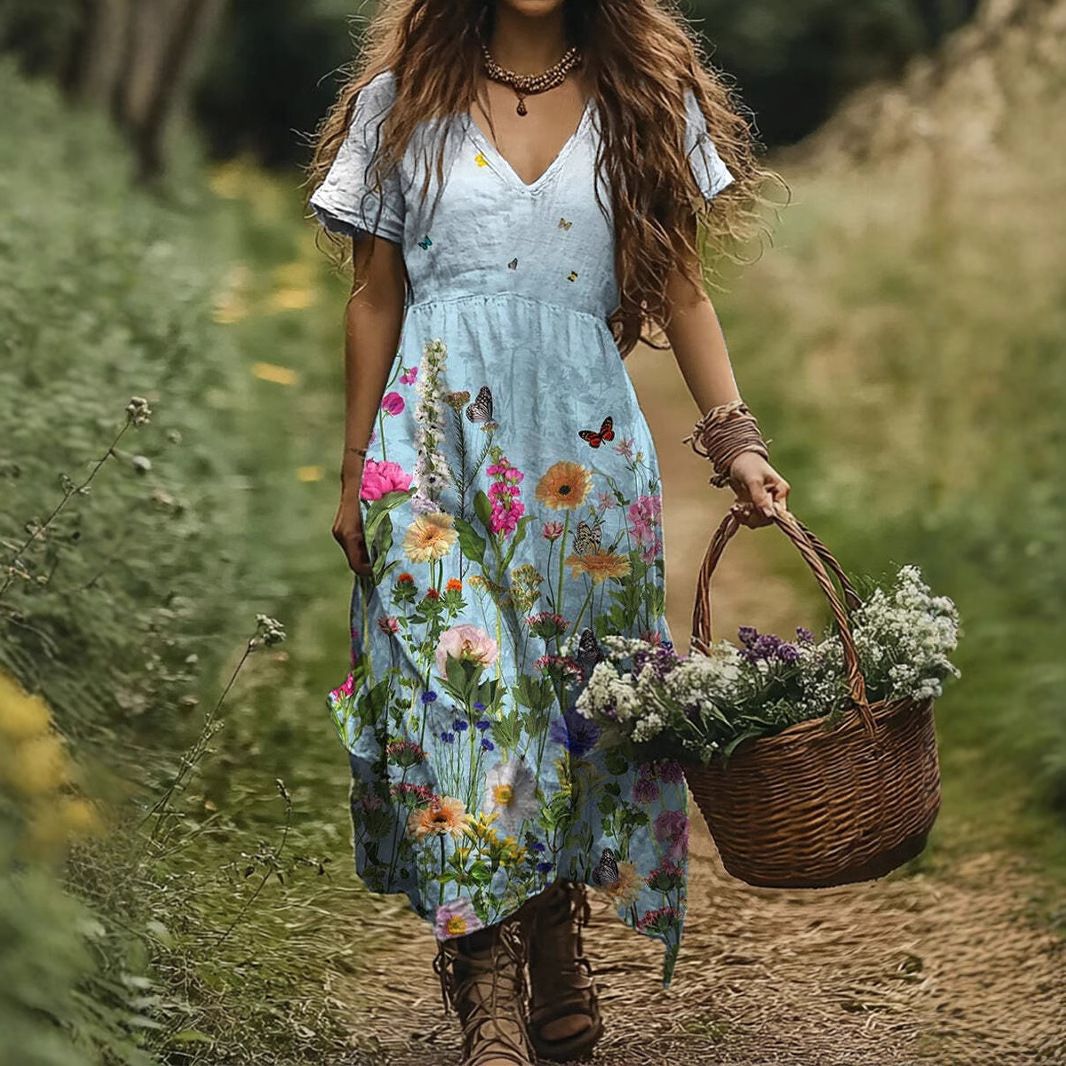 2025跨境亚马逊速卖通创意花卉女装夏季新款V领短袖连衣裙中长裙-阿里巴巴