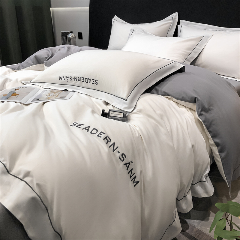 Light luxury style cotton four-piece set simple letter embroidery pure ...