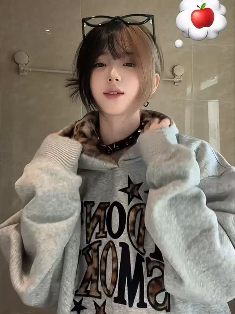 豹纹撞色贴布绣星星字母连帽卫衣女秋冬新款加绒重磅美式潮牌上衣-阿里巴巴