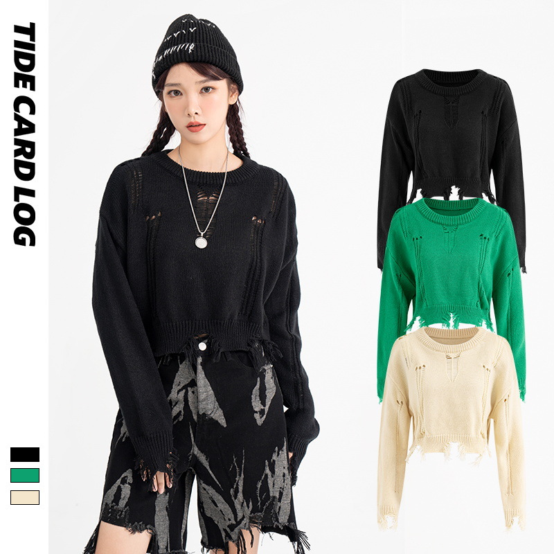 TIDE CARD LOG|女装2022秋冬新品破洞剪烂不规则个性潮款短毛衣女-阿里巴巴