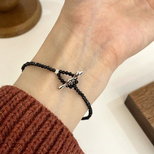 极简主义 ins爆韩国黑尖晶极细ot手链s925银简约小众冷淡风-阿里巴巴