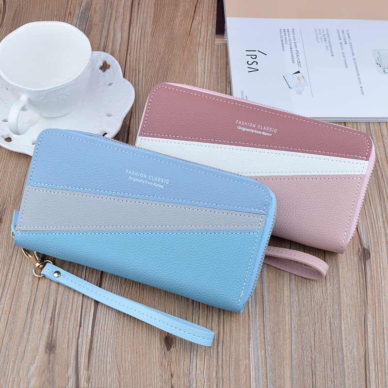 New double zipper wallet women's long handbag Korean splicing contrast ...
