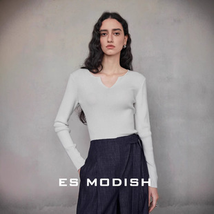 ES MODISH 春季新品优雅V领修身显瘦长袖针织衫高级感天丝上衣女-阿里巴巴