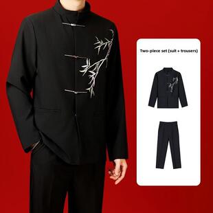 New Chinese Style Bamboo Embroidery Shoulder Pad Button Suit-阿里巴巴