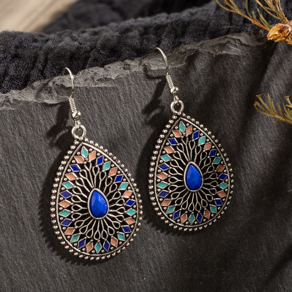 Fashion Navy Blue Alloy Carved Hollow Drop Earrings:Asujewelry.com