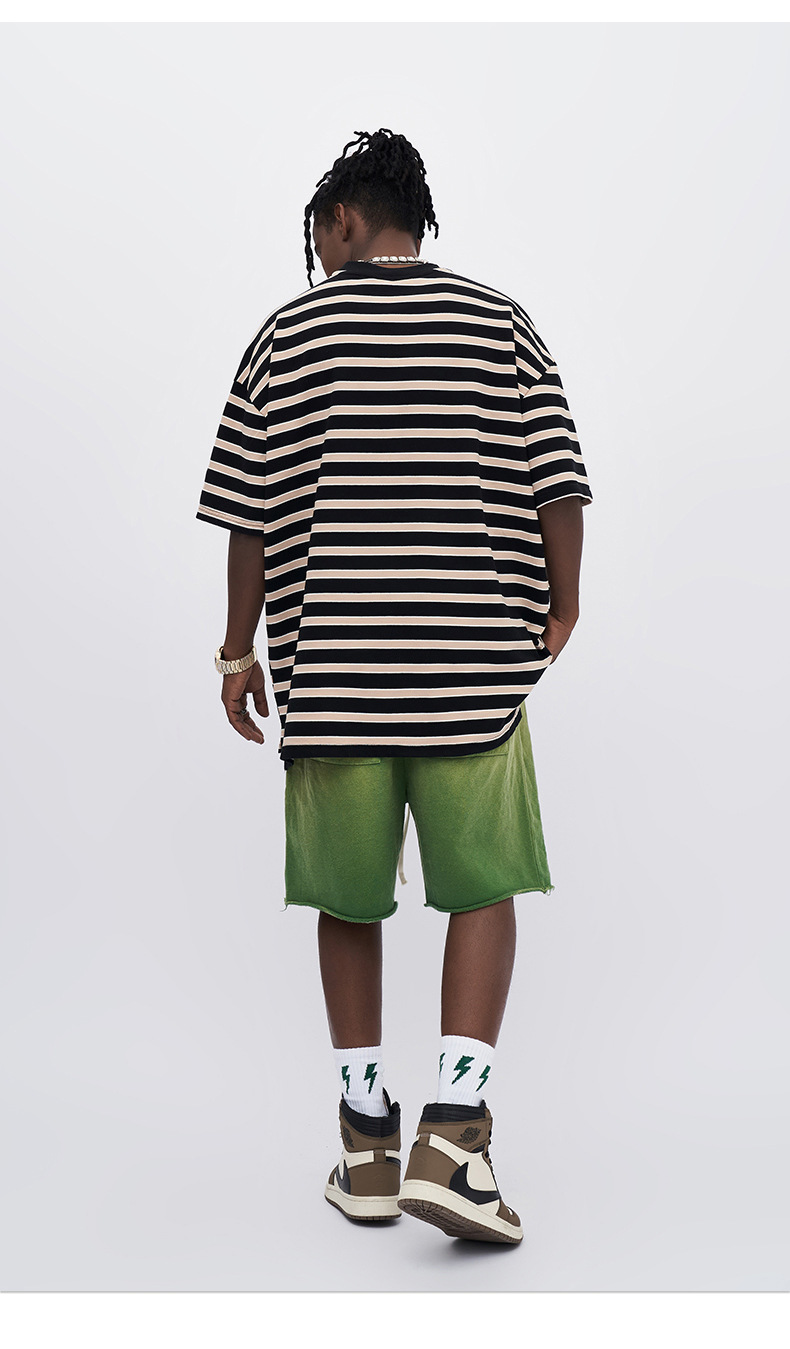 RFSD男装|重磅260G复古洗水条纹圆领短袖美式街头宽松潮牌T恤男-阿里巴巴