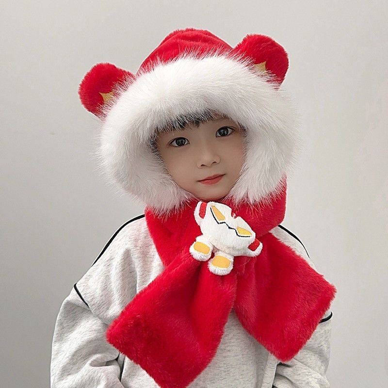 儿童帽子冬季宝宝围巾一体口罩毛绒帽奥特曼男女孩加绒保暖护耳帽-阿里巴巴