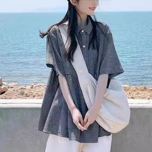 日系复古格子短袖衬衫女夏季设计感小众衬衣韩系宽松娃娃衫上衣-阿里巴巴