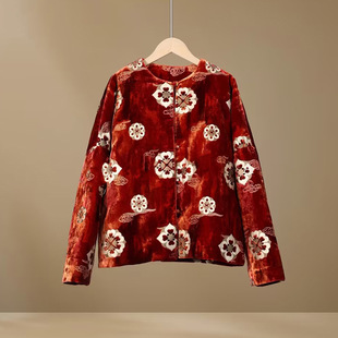 秋冬时尚高级高端新中式设计感对襟扣红色花纹棉衣棉服外套 M9215-阿里巴巴