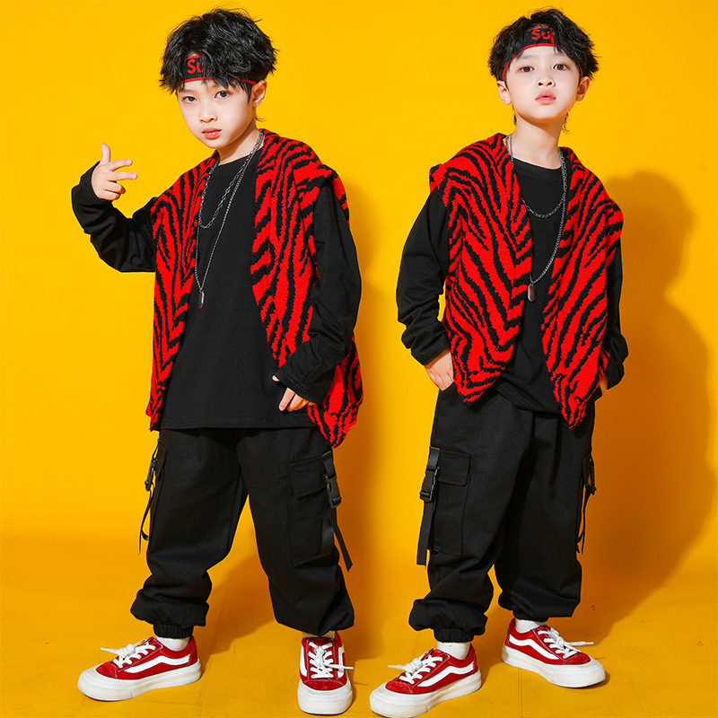 Boy's hip-hop tide take red ma3 jia3 costumes handsome black overalls ...