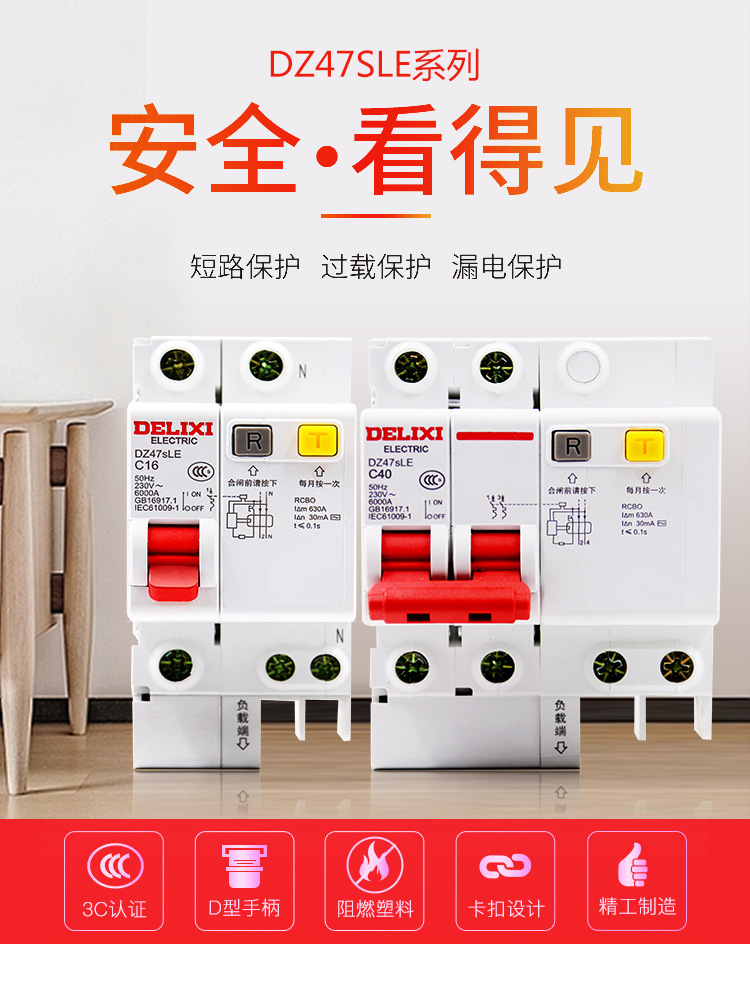 德力西DZ47SLE漏电保护器2P空气开关63A带漏保空开家用空开32A16A-阿里巴巴