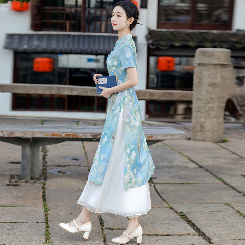 Women blue purple floral Chinese dress Oriental Retro Qipao Cheongsam ...