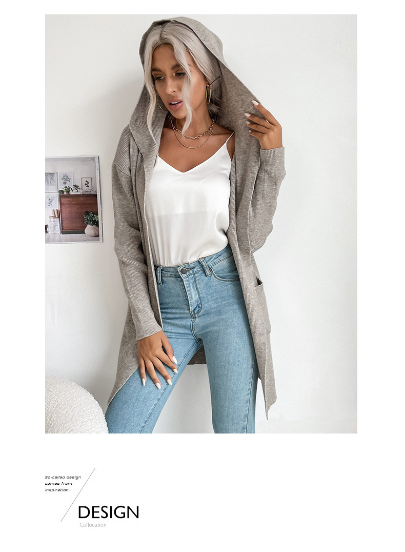 Women's Solid Color Hooded Knit Sweater Cardigan