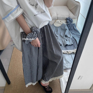【HEY BELLA】沙河新款韩系蕾丝花边格子阔腿裤（配发圈）E1392-阿里巴巴
