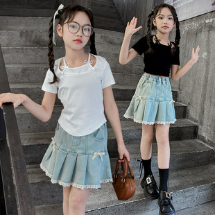 女童夏装套装2024新款中大童时髦假两件蝴蝶结T恤甜酷百搭牛仔裙-阿里巴巴