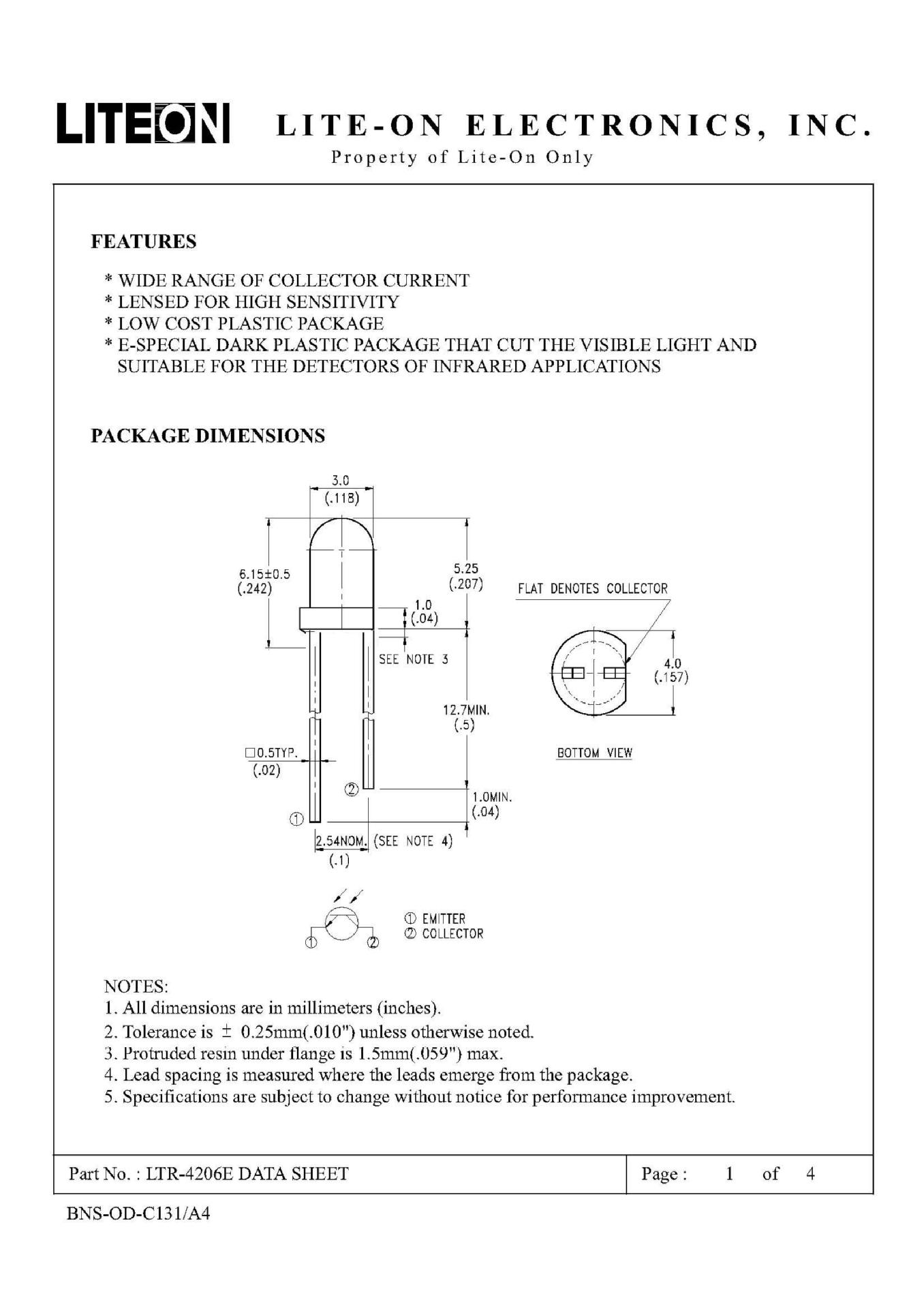 LTR-4206E/LTR-4206 光敏接收管 黑色 波长 940nm 全新现货-阿里巴巴