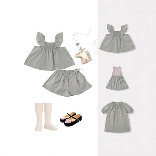 （现货）Be2025春夏新款蓝绿色条纹小花儿童上衣连衣裙-阿里巴巴