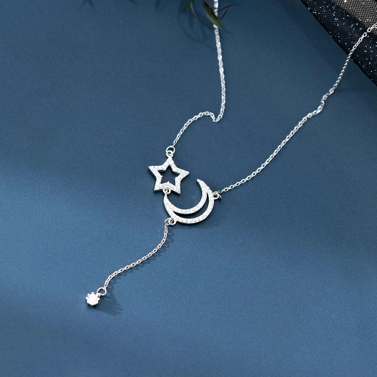 纳兰 S925银韩版星星月亮项链简约少女镶钻Y形森系毛衣链D7991-阿里巴巴