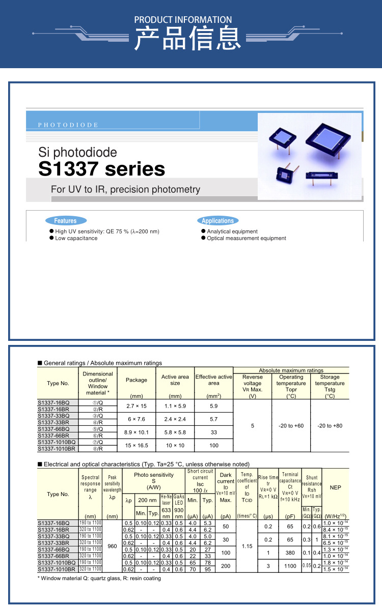 S1337-66BQ 硅光电二极管 适用于紫外到红外波段的精密光度测定-阿里巴巴